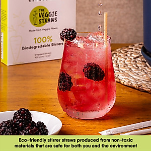 100% Biodegradable Individually Wrapped Cocktail Stirrers – 100 PCS of 5.50 Inches Premium Quality Disposable Coffee Stirrers, Best Biodegradable Stirrers for All Drinks – By The Veggie Straws