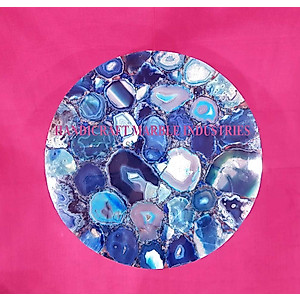 15" Inch Round Natural Blue Agate Coffee Table with with Metal Base, Agate Table Top Home Decor, Agate Round Coffee Table