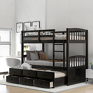Harper & Bright Designs Twin Over Twin Bunk Bed with Trundle and Storage Drawers Wood Bunk Beds Frame for Kids Girls Boys Teens, Espresso