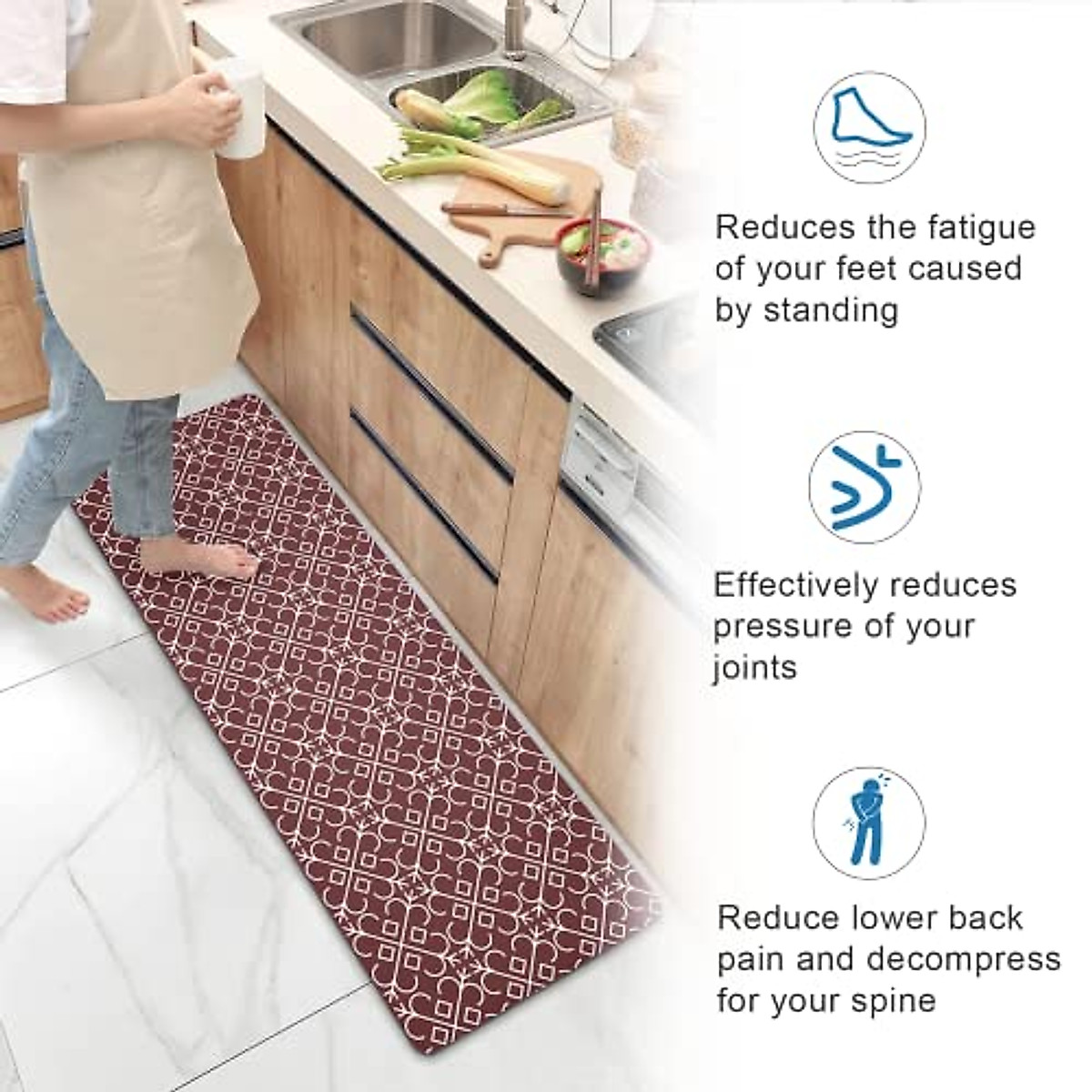 Artnice Anti Fatigue Kitchen Floor Mat Set of 2 PCS, Non Skid Comfort Kitchen Rug, Ergonomic Standing Desk Mat for Home, Office, Sink, Laundry, White Floral Grid Red