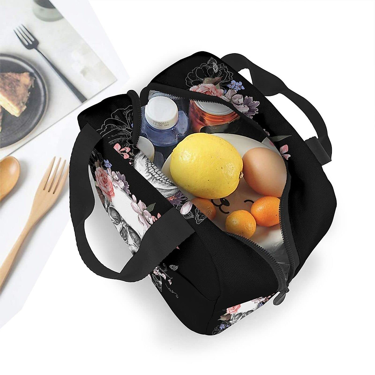 PATNPRT Halloween Black Sugar Skull Lunch Bag Insulated Lunch Box with Front Pocket Reusable Tore Bag For Office Work Picnic Travel Shopping