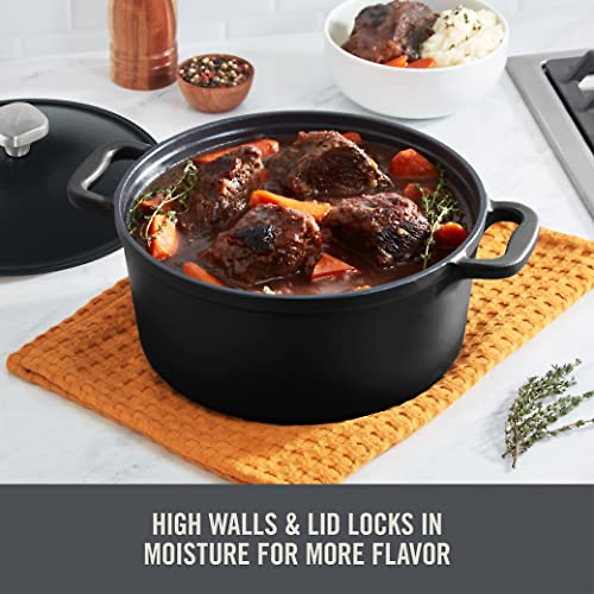 DASH Zakarian by DASH 4.5 Qt Nonstick Cast Iron Dutch Oven, Titanium Ceramic Nonstick Pot with Lid and Handles, Black