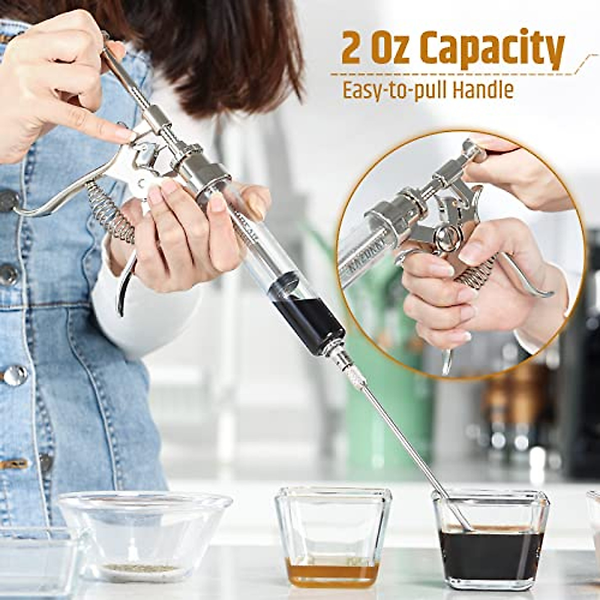 Razorri Marinade Injector Gun, Stainless Steel BBQ Meat Turkey Inject Kit, Flavor Food Syringes with Zipper Case, 2 oz Large Capacity Barrel and 4 Perforated Needles for Indoor Bake and Outdoor Grill