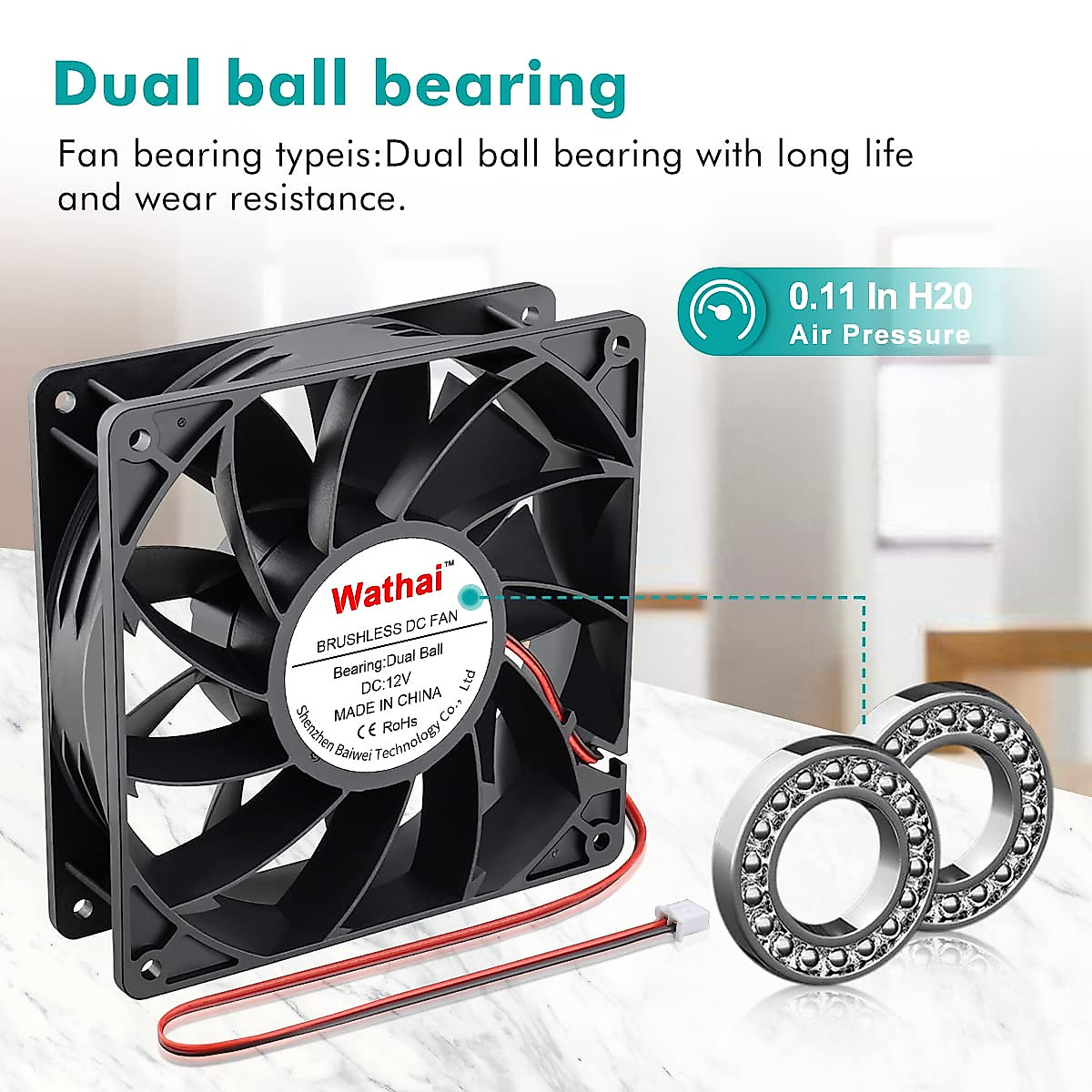 Wathai 140mm x 38mm 12V Exhaust Fan Dual Ball High Airflow 3000RPM DC High Static Pressure CFM Fan for DIY Project Ventilation Cooling