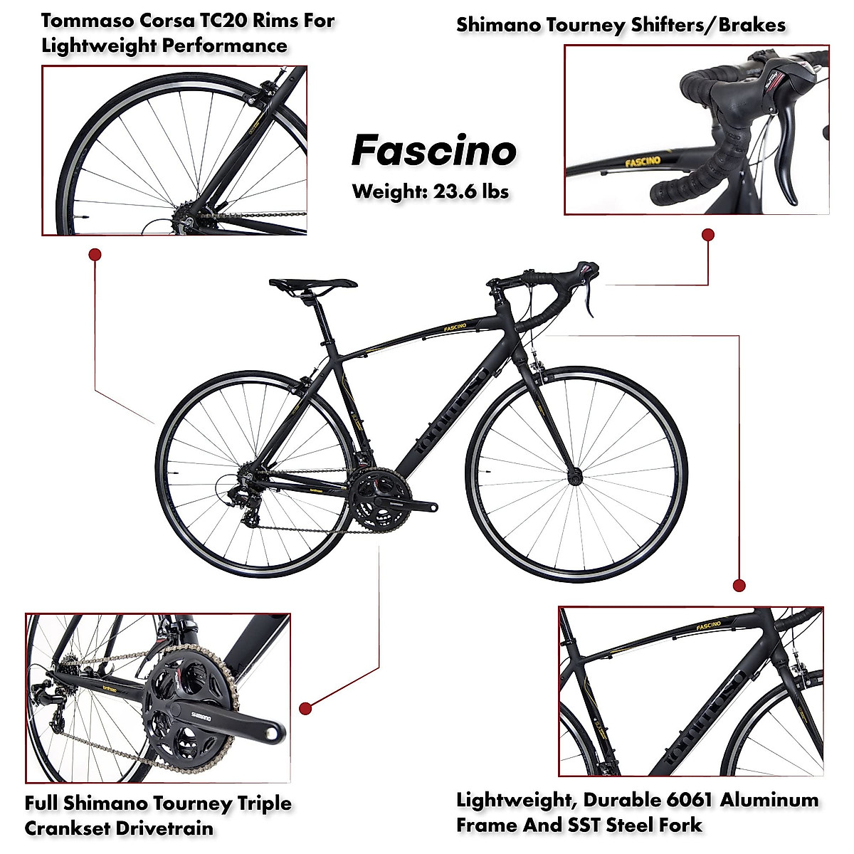 Tommaso Fascino - Sport Performance Aluminum Road Bike, Shimano Tourney 21 Speeds Road Bicycle Men Road Bikes For Men Bike Men Women Sport Bike Speed Bike Racing Bike Adult Bike City Bike- Medium 56cm