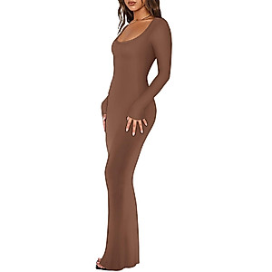 REORIA Womens Sexy Casual Scoop Square Neck Long Sleeve Soft Lounge Long Dress Fall Wedding Guest Elegant Ribbed Bodycon Maxi Dresses Coffee Large