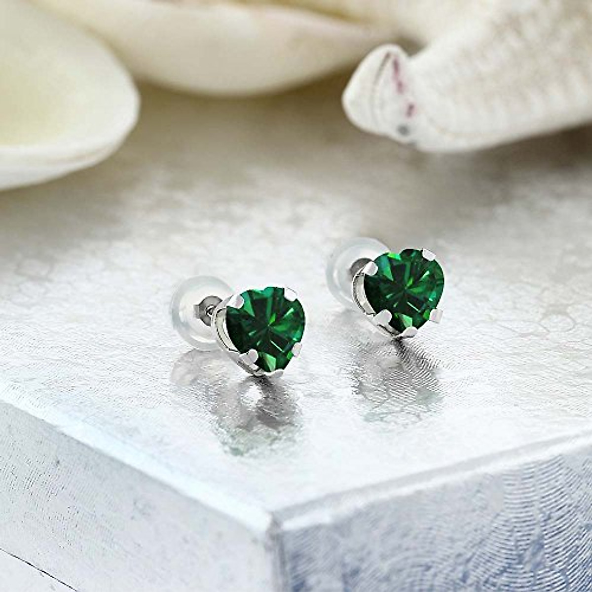 Gem Stone King 10K White Gold Green Simulated Emerald Stud Earrings For Women (1.36 Cttw, Heart Shape 6MM)