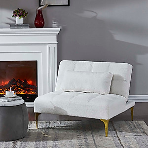 Convertible Sofa Bed Single Chair Futon with Adjustable Backrest, Teddy Fabric Armless Chair with Pillow, Futon Sleeper Couch Daybed Single Chair for Living Room Bedroom Apartment Office (White)