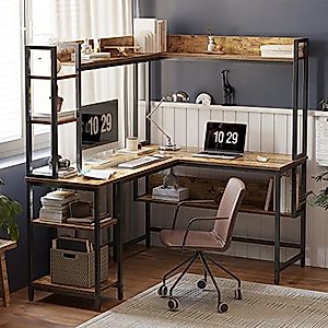 CubiCubi L-Shaped Desk with Hutch, 60" Corner Computer Desk, Large Home Office Desk with Bookshelf and Storage Shelves, Space-Saving, Rustic Brown
