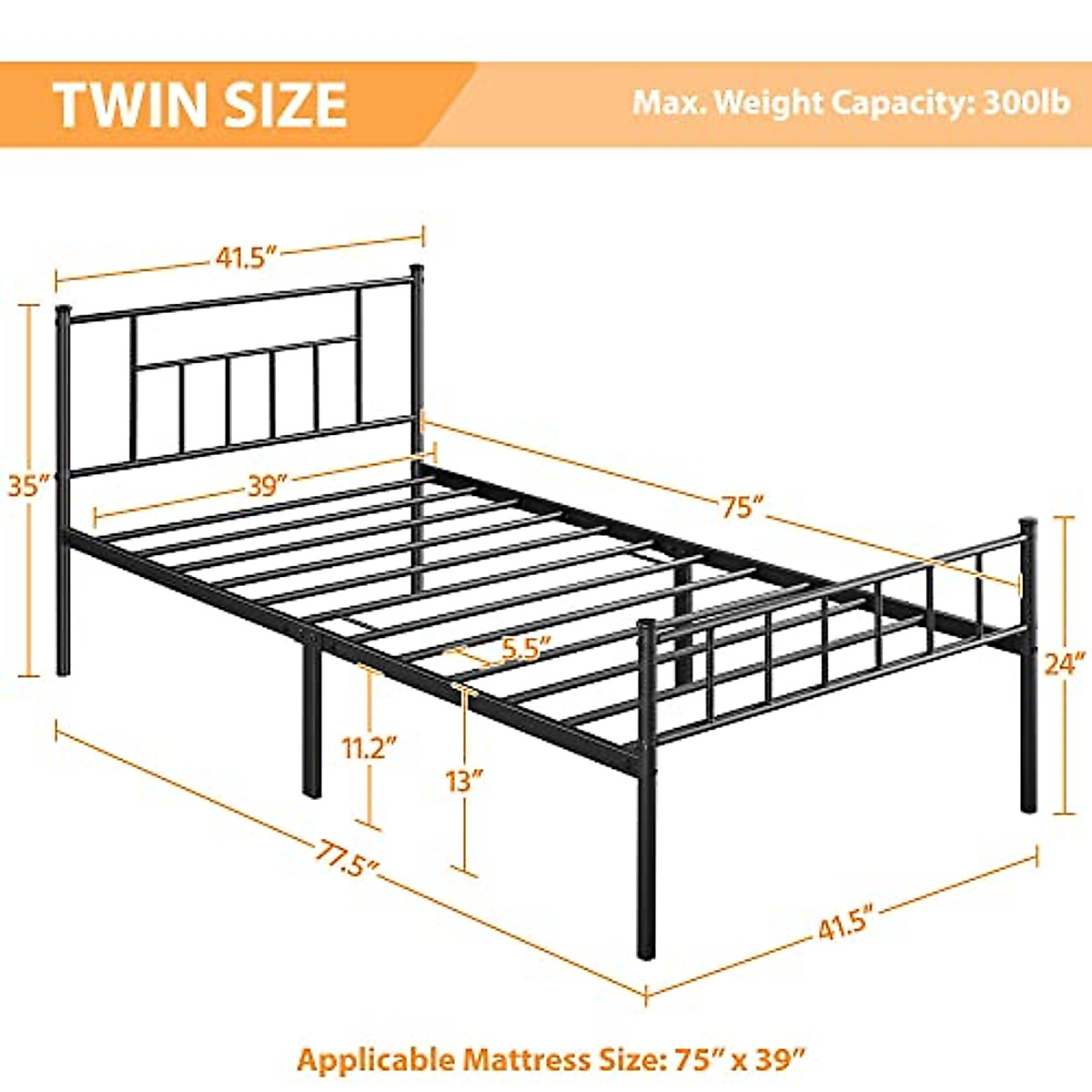 Yaheetech 2 Pcs 13 inch Twin Size Metal Bed Frame with Headboard and Footboard Platform Bed with Storage No Box Spring Needed Mattress Foundation, Black