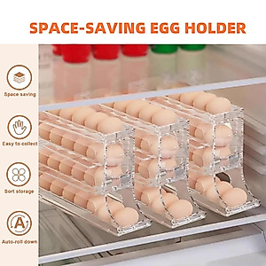 Lshnrd 4 Tiers Egg Holder for Fridge,Auto Rolling Egg Fridge Organizer,Space-Saving Egg Dispenser Holder for Refrigerator,Large Capacity Egg Storage Rack(Transparent)