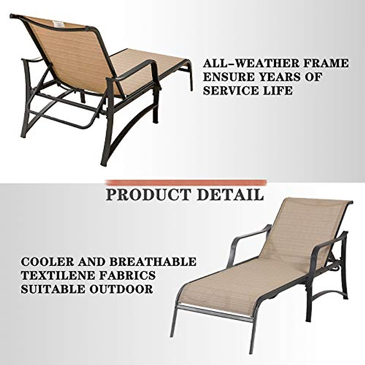 Festival Depot 3 Pc Patio Bistro Outdoor Chaise Lounge Chair Set Textilene Furniture Metal Adjustable Back Curved Armrest with Glass Desktop Coffee Side Table for Porch Yard Garden (Beige)