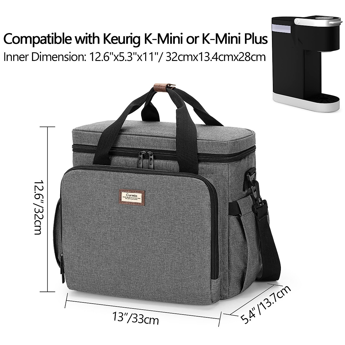 CURMIO Coffee Maker Travel Bag Compatible with Keurig K-Mini or K-Mini Plus, Single Serve Coffee Brewer Carrying Case with Multiple Pockets for K-Cup Pods, Travel Mugs, Gray (Bag Only, Patent Design)