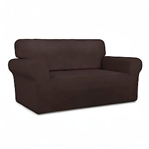 PureFit Super Stretch Sofa Slipcover – Spandex Non Slip Soft Couch Sofa Cover, Washable Furniture Protector with Non Skid Foam and Elastic Bottom for Kids, Pets （Loveseat, Chocolate）