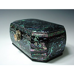 Mother of Pearl Inlaid Landscape Design Lacquered Black Octagonal Luxury Wooden Asian Handcrafted Jewelry Trinket Keepsake Treasure Box Case Chest Organizer