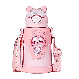 ZTGD Cute Insulated Water Bottle 500ml for Kid&Lady,Kawaii Thermos Cup with Straw,Hanging Rope&Cute Pattern,Stainless Steel Coffee Vacuum Thermos Bottle Keep Drinks Hot or Cold for Travel,School,Offi