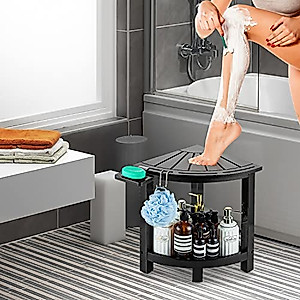 ETECHMART Bamboo Corner Shower Stool for Shaving Legs Foot Rest, Waterproof Bath Bench Seat with Storage Shelf and Soap Dish for Bathroom Inside Shower, Use as Small Corner Table Step Stools, Espresso