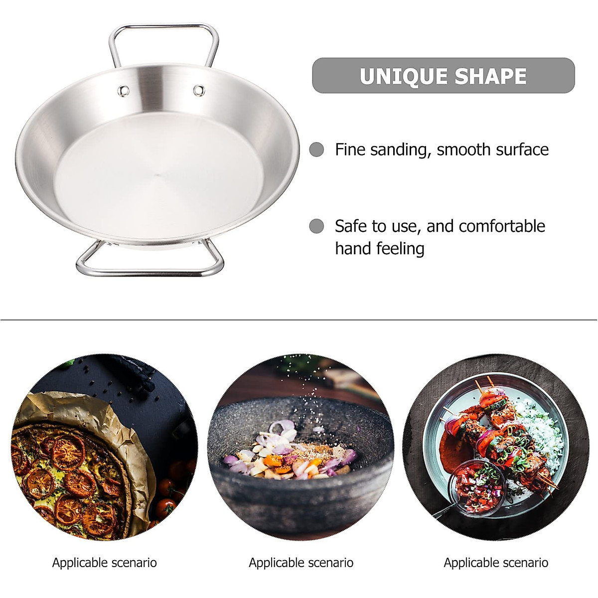 UPKOCH Round Skillet 20cm Flat Bottom Paella Pan Stainless Steel Snack Plate with Metal Handle for Camping and Outdoor Cooking Supplies