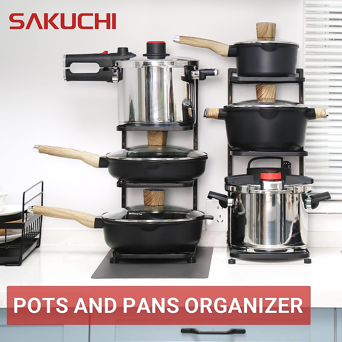 Sakuchi Pots and Pans Organizer for Cabinet, 3 Tiers Heavy-Duty Pot and Pan Rack for Kitchen Organization, Height Adjustable and Space Saving Pot Organizer, Black