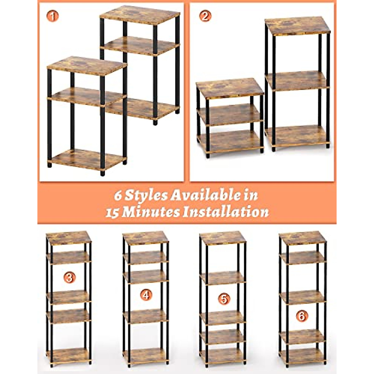 WOODYNLUX End Table Night Stand Set of 2, 3-Tier Bedside Tables, 5-Tier Shelf Bookcase, Accent Side Table for Couch, Living Room, Bedroom, Rustic Brown and Black, Easy Assembly.