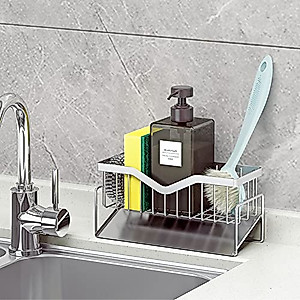 Kitchen Sink Caddy Sponge Holder , 304 Stainless Steel Kitchen Soap Dispenser Caddy Organizer - Quick Draining, Stainless Steel Tray - Holds Sponge, Dish Soap Dispenser, Cleaning Towel, Scrubber