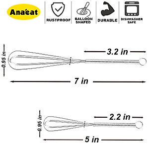 Anaeat Mini Wire Whisks, Set of 2 Portable Stainless Steel Kitchen Tiny Whisk & Egg Beater with Thick Wire - Sturdy Small Mixing Balloon for Cooking, Blending, Whiping, Beating and Stirring (5" + 7")