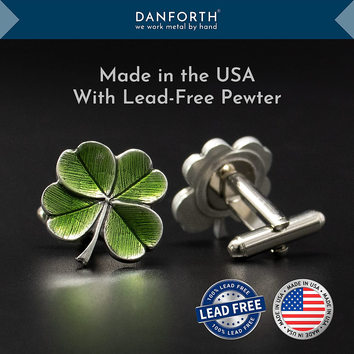 Danforth Four Leaf Clover Cufflinks – Handcrafted Green Clover Pewter Cufflinks – Made In USA