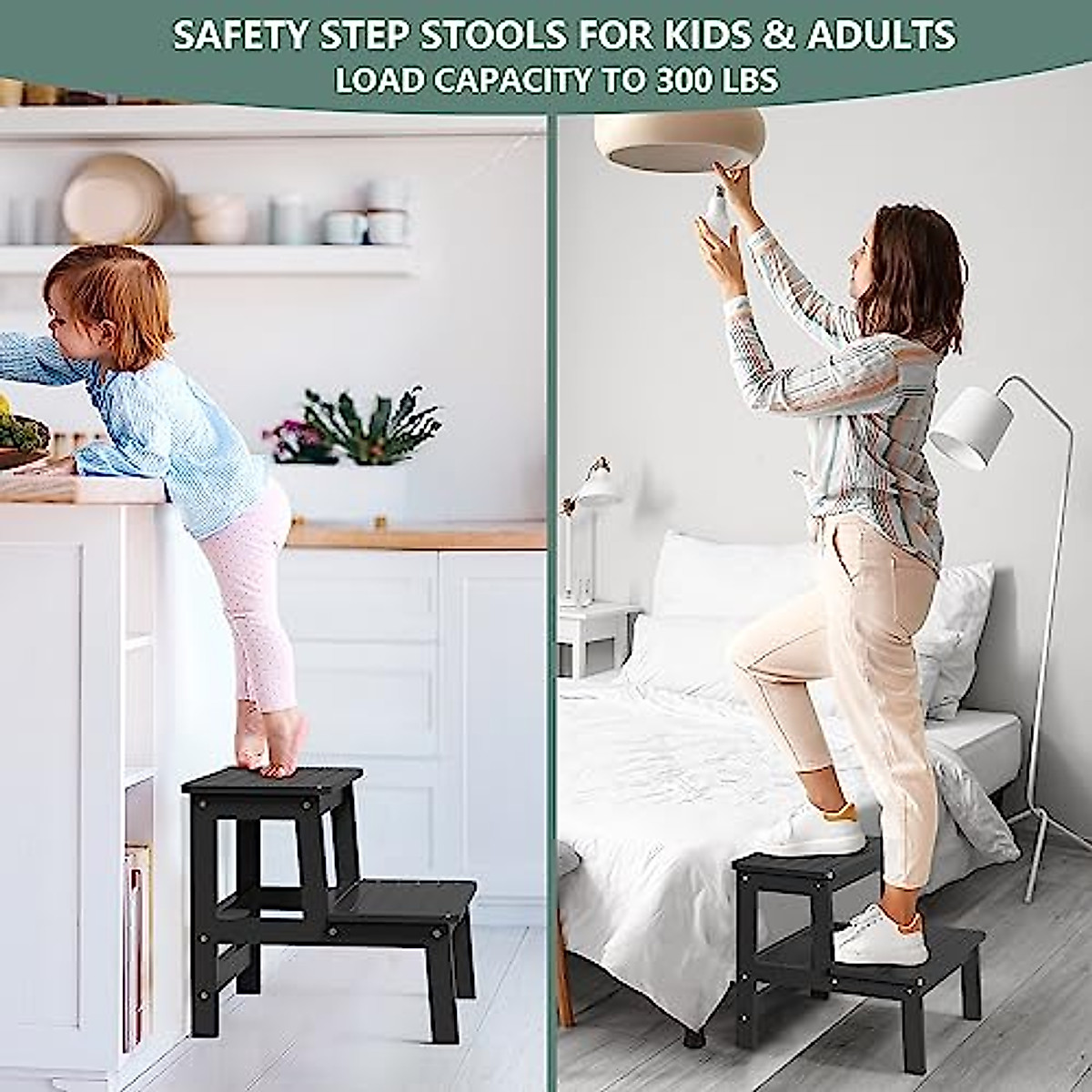 Domax Bamboo Wooden Step Stools for Kids - Toddler Step Stool for Bathroom Sink High Bed Toilet Kitchen Helper Wood Step Stool for Bedside for Adults Non-Slip Waterproof 2 Stepping Stool, Black