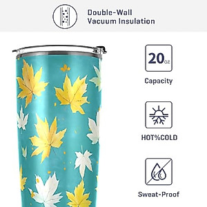 Watercolor White Yellow Maple Leaves Turquoise Stainless Steel reusable coffee cups with lids with Straw Lid coffee mug spill proof for travel simply modern insulated tumbler with lid termos