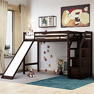 MOEO Twin Size Loft Bed with Slide & 3 Storage Staircase for Kids Bedroom,Sturdy Wood Bedframe, High Guardrail Design, No Box Spring Needed, 78.4" L×97.3" W×61.4" H, Espresso