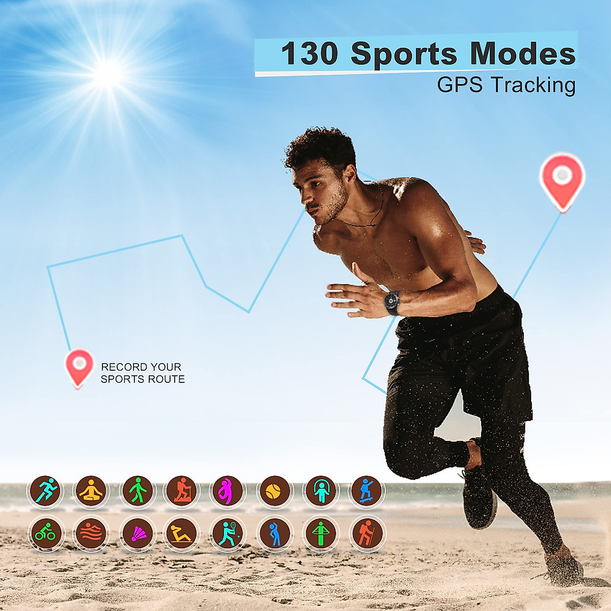 DR.VIVA Smart Watches for Men, Outdoor GPS Smartwatch Fitness Activity Tracker with Heart Rate Blood Oxygen Sleep Monitor, 1.3" HD Touch Screen 18-Day Battery 130 Sport Modes 5ATM Waterproof, Black