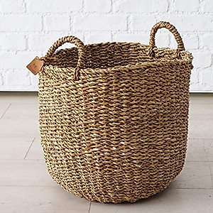 Made by Nature Seagrass Baskets, Round Top Handles, Natural Chunky Sweater Weave, Set of 3, Made by Hand, From Over 1.5 Feet Tall to 1 Feet 2 Inches, Ideal for Storage