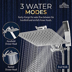 All Metal Shower Head 8" Dual Square Shower Head With Handheld Wand 71in Hose Set, High Pressure Rain Shower Heads Combo, 3-Way Diverter Rainfall Showerhead with Adjustable Extension Arm