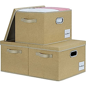 LHZK Large Storage Bins with Lids 6 Pack, Linen Fabric Storage Boxes with Lids, Foldable Storage Baskets with 3 Handles and Label Window for Shelves Bedroom Closet Office (15x11x9.6,Grey,Beige)