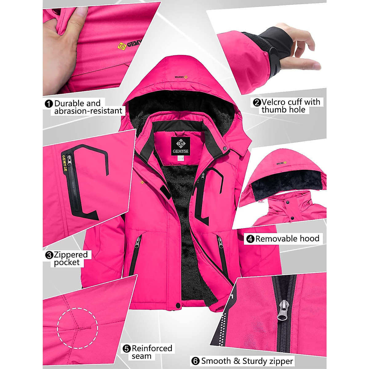 GEMYSE Girl's Waterproof Ski Snow Jacket Fleece Windproof Winter Jacket with Hood (Watermelon Red,6/7)