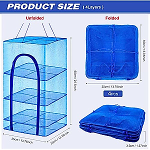 Cunno 4 Pcs Herb Drying Rack 4 Layer Hanging Drying Net Folding Fish Mesh with Zippers Non Toxic Nylon Netting for Fish Vegetables Meat Herb Fruit Plants Net Dry Cage, Blue, 13.8 x 13.8 x 25.6 Inch