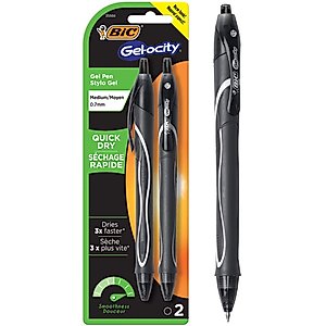 Bic RGLCGP21-BLK Gel-ocity Retractable Quick Dry Gel Pen44; Black - Pack of 2