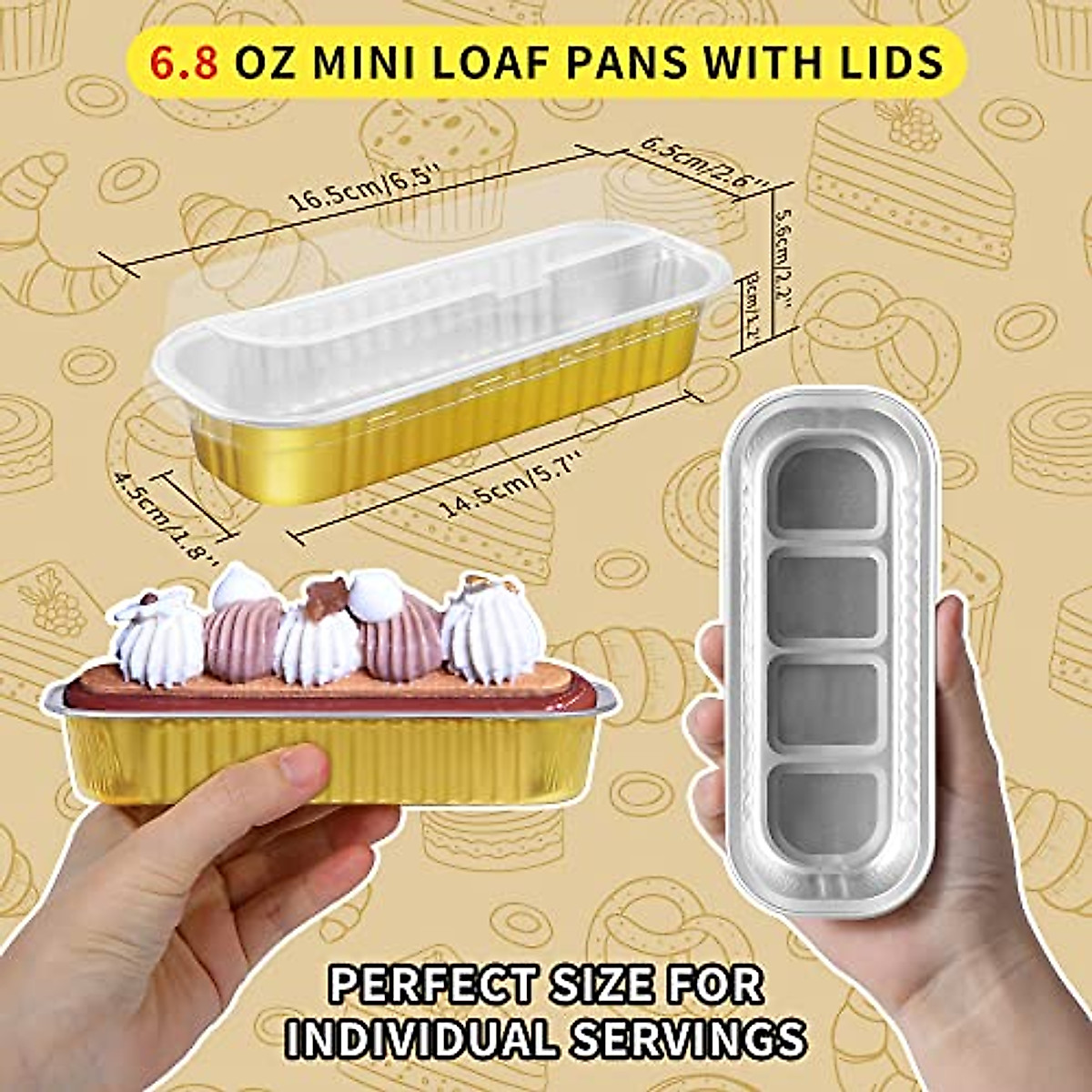 HEYYUMI Disposable Mini Loaf Pans with Lids, 50pcs 6.8oz Aluminum Foil Narrow Cake Pans,Rectangle Cupcake Baking Cups Ramekins Tins Liners Containers Flans for Bread Muffin Brownie Cheesecake(Gold)