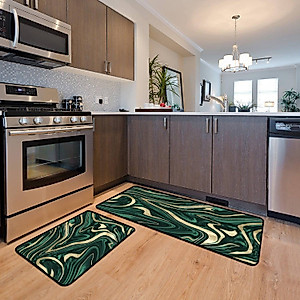 VIUBGCPS Kitchen Rugs Set Emerald Green Black Gold Marble 1 Decor Art Kitchen Mat for Floor Non-Slip Washable Kitchen Runner Doormat Bath Rug Carpet Comfort Standing Mats Decorations