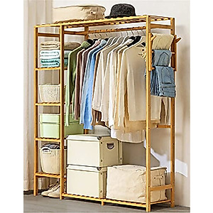 ZJDU Bamboo Wood Garment Rack,Free Standing Closet Organizer,5 Tiers Storage Shelf Corner Clothes Hanging Rack,Storage Box Shelves, for Home Laundry Commercial Office,90×30×145cm