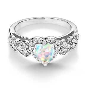 Gem Stone King 925 Sterling Silver Heart Shape Simulated Opal and White Moissanite Ring For Women (0.93 Cttw, Available In Size 5, 6, 7, 8, 9)
