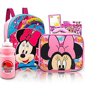 Fast Forward Minnie Mouse Mini Backpack with Lunch Box Set - Bundle with 11" Minnie Backpack, Minnie Mouse Lunch Bag, Water Bottle, Stickers, More | Minnie Backpack for Toddlers