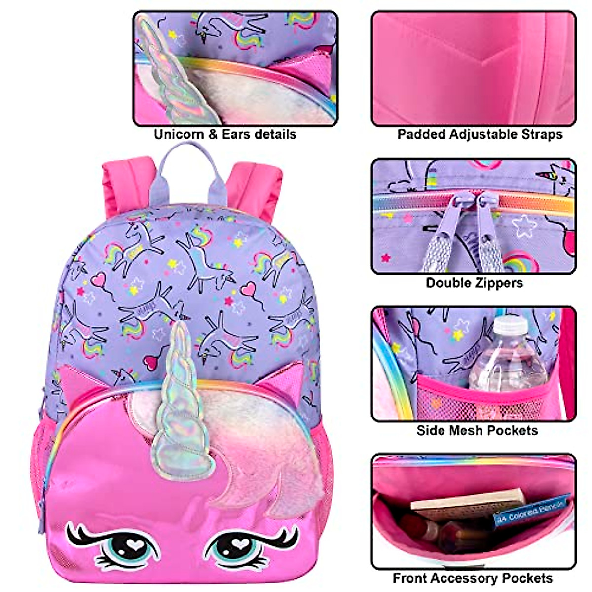 Emma & Chloe Waterproof Holographic Rainbow Unicorn Backpack with Horn for Girls for Elementary, Middle School (Starlight Twinkle Berry)
