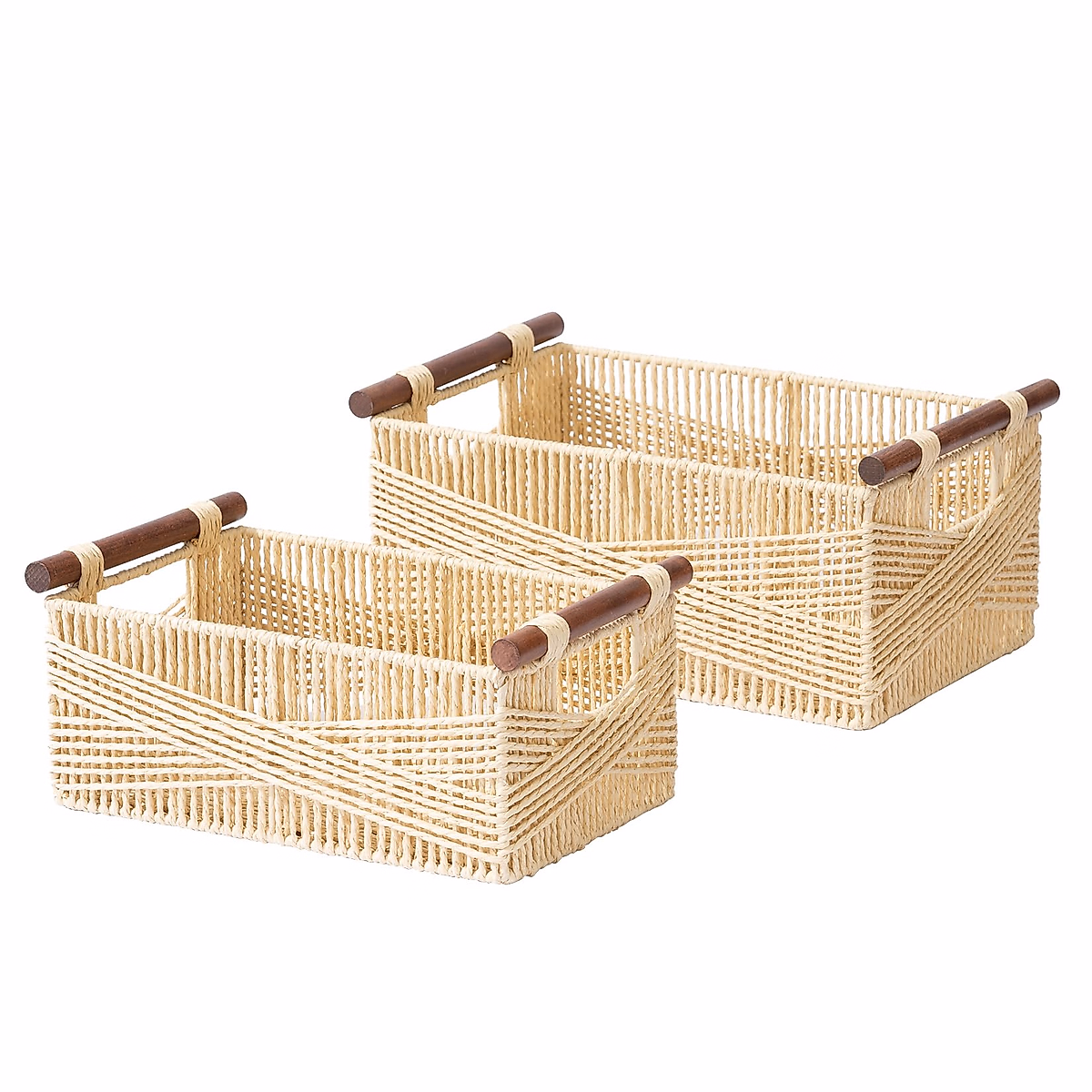 La Jolie Maison Beige Wicker Storage Baskets for Organizing, Recyclable Paper Rope Rectangular Baskets with Wood Handles, Decorative Hand Woven Basket Bins for Shelves, Set of 2