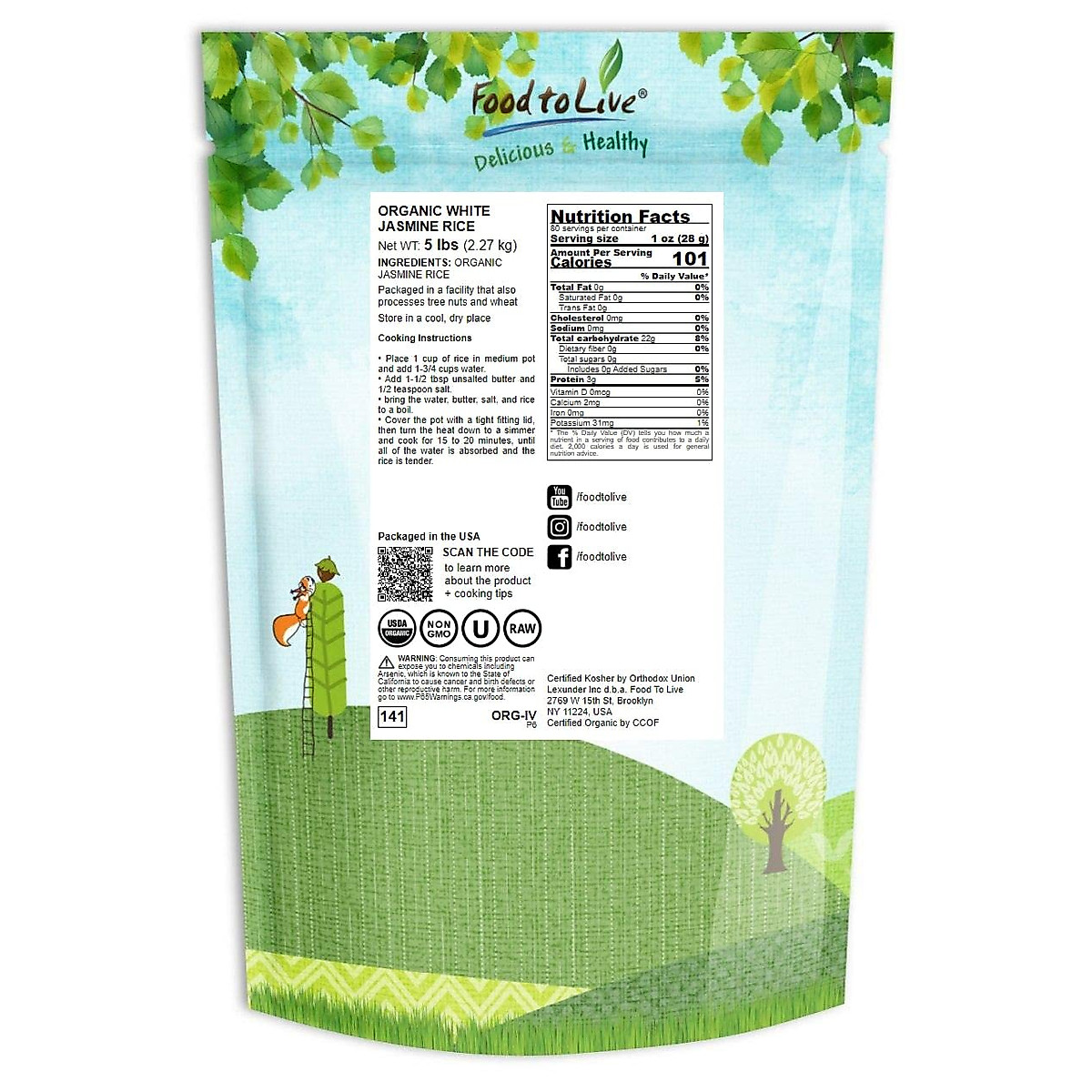 Food to Live - Organic White Jasmine Rice, 5 Pounds - Non-GMO, Long-Grain Rice Variety, Raw, Vegan, Kosher, Bulk