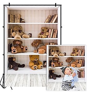 AOFOTO 3x5ft Bookcase and Toy Bears Background Bookshelf Photography Backdrop Kid Baby Child Infant Boy Girl Portrait Photoshoot Studio Props Video Drape Seamless Wallpaper