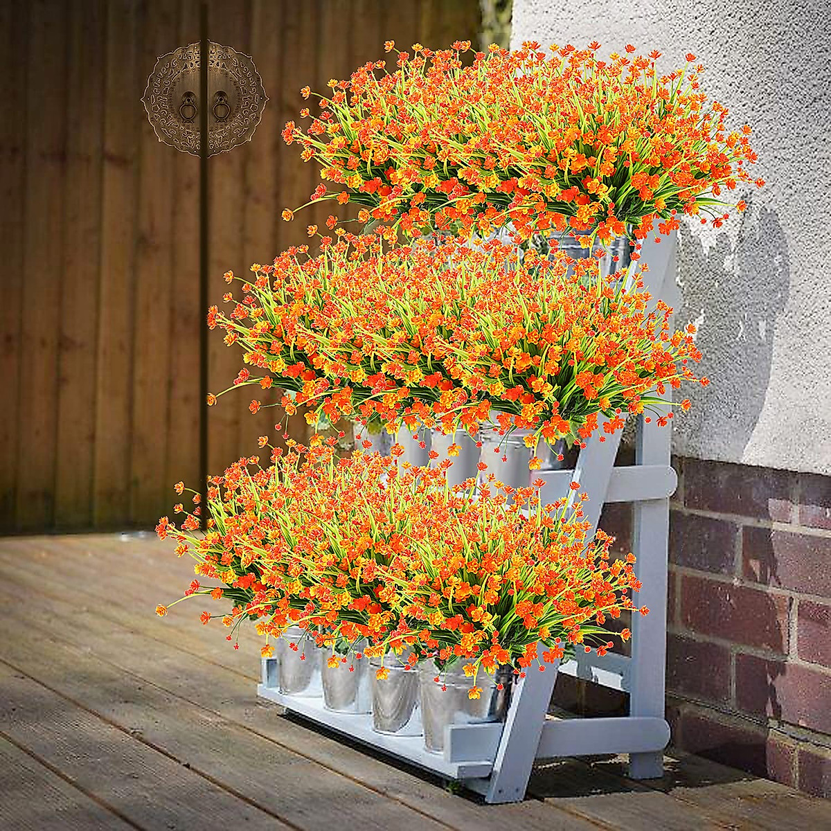 BINDUO 6 Pcs Fake Fall Flowers Artificial Plants Outdoor Daffodil UV Resistant Faux Plastic Flowers Greenery Shrubs Hanging Planter for Home Kitchen Bathroom Garden Patio Balcony Window Decor (Orange)