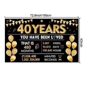 40th Birthday Banner Backdrop Decorations for Men Women, Black Gold Happy 40th Birthday Background Party Supplies, Happy 40th Anniversary Photo Props Decor for Outdoor Indoor