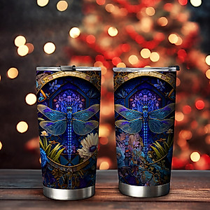 20oz Blue Stained Glass Mosaic Crystal Dragonfly Tumbler, Gifts for Dragonfly Lovers, Coffee Thermos for Women, Stainless Steel Double Wall Vacuum Insulated Coffee Mug, Travel Cup with Lid - D