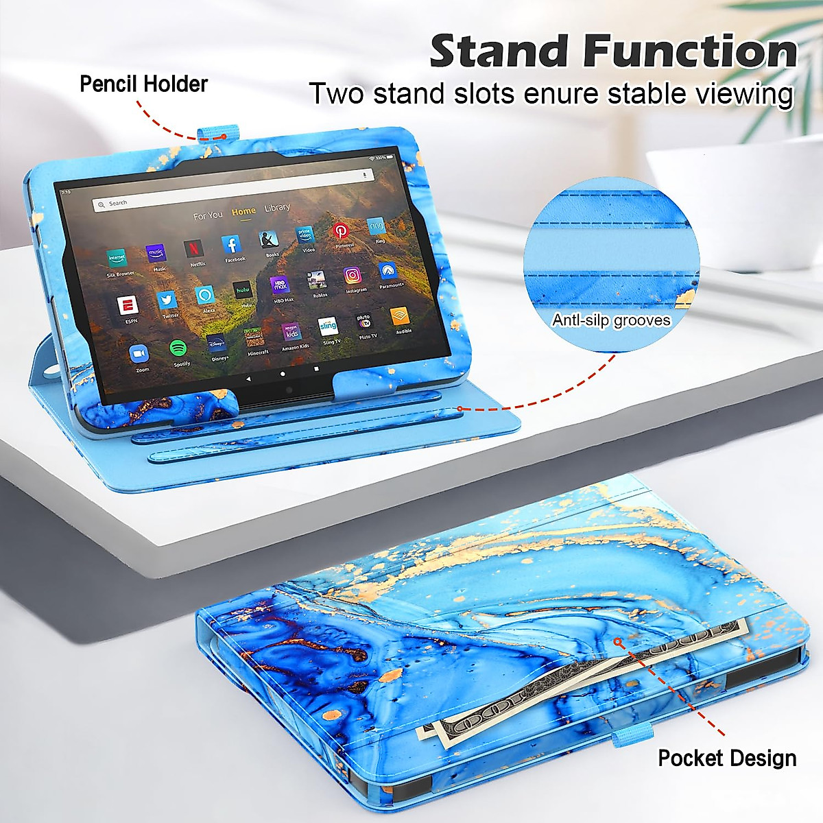 ZoneFoker Case for All New Kindle Fire HD 10 Tablet & Fire HD 10 Plus (11th/13th Generation, 2021/2023 Released), 360 Degree Rotating Stand Cover with Auto Sleep/Wake & Pencil Holder, Marble Blue